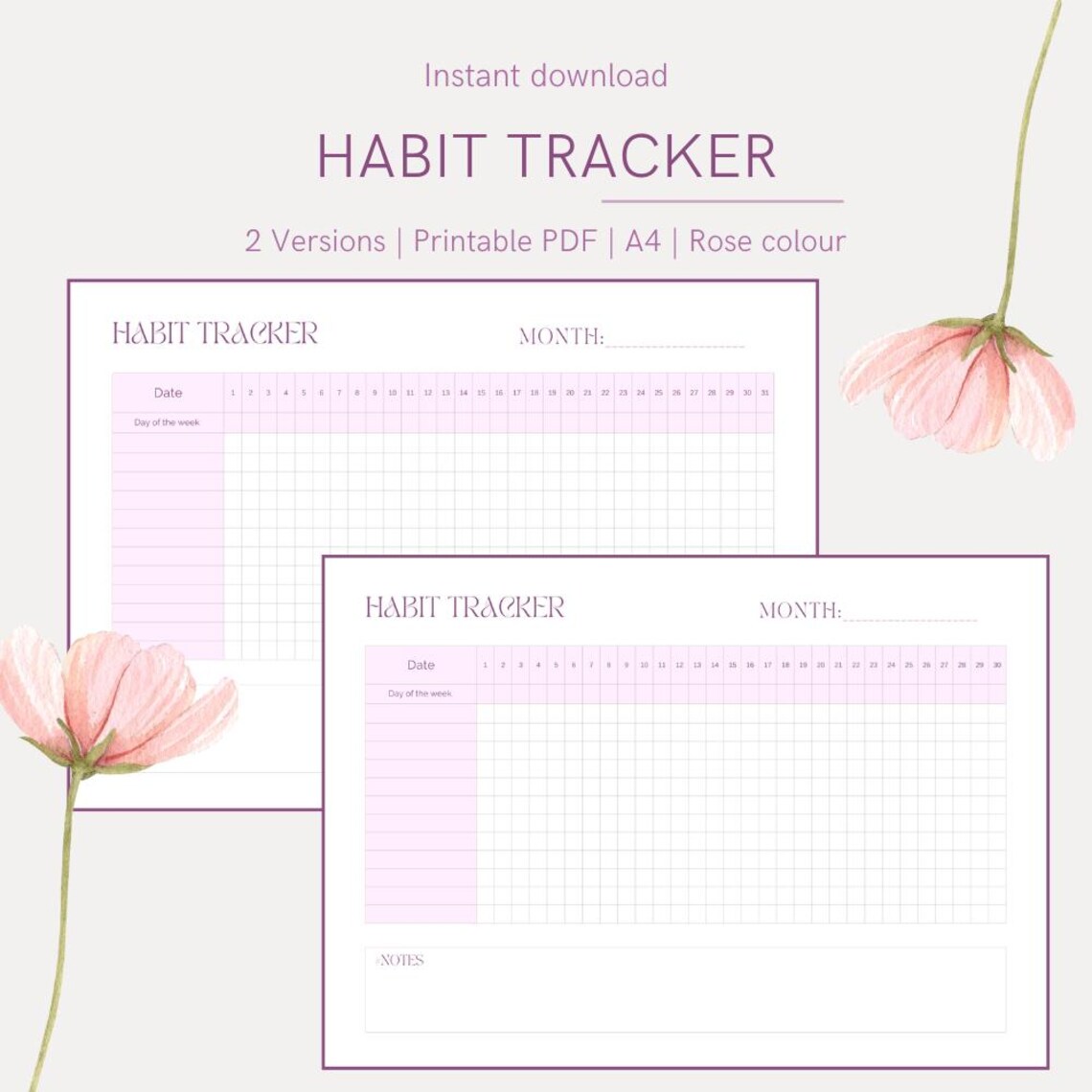 Habit Tracker in Rose Colour | Printable Monthly Habit Tracker ...