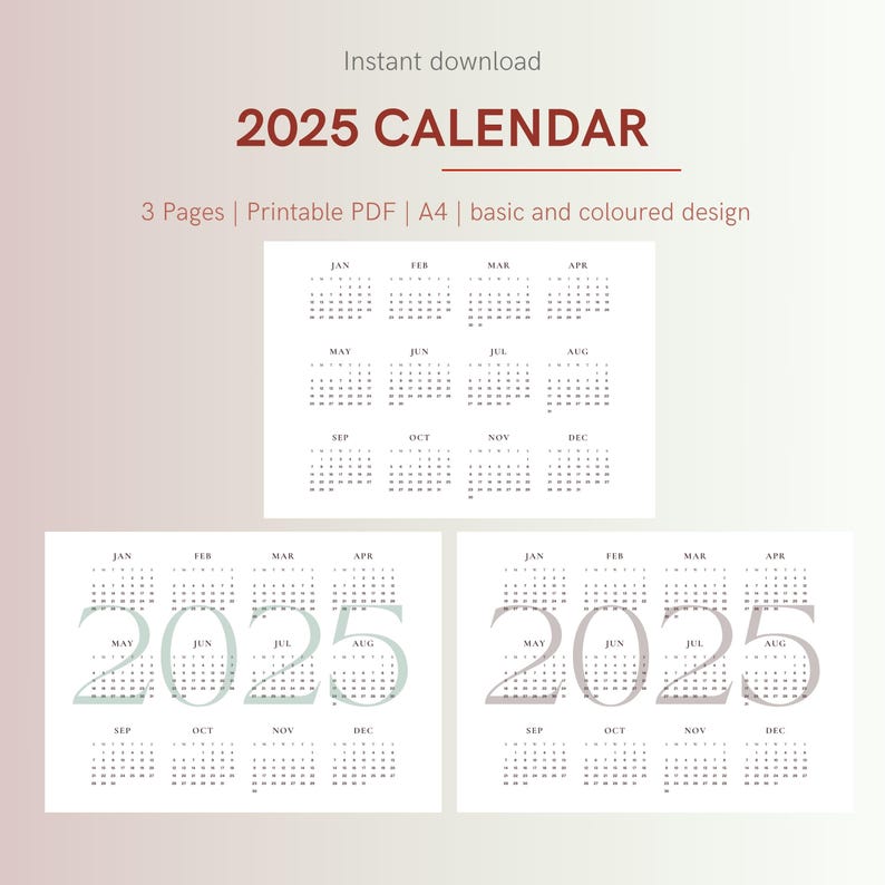 Minimalist 2025 Yearly Calendar - Printable PDF | A4 | Landscape ...