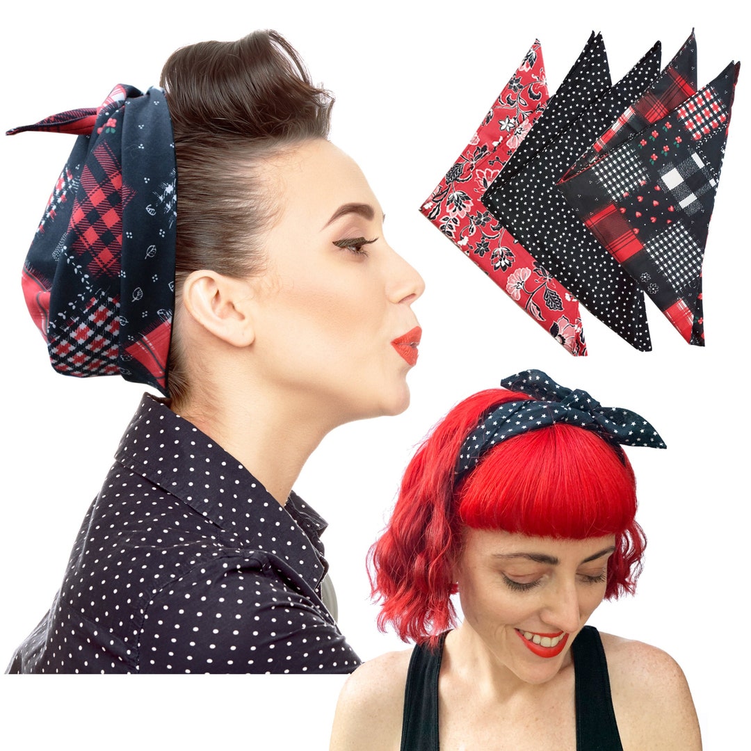 3 Pack Cotton Bandanas Print Retro Hair Wrap or Headband 1940s 1950s ...