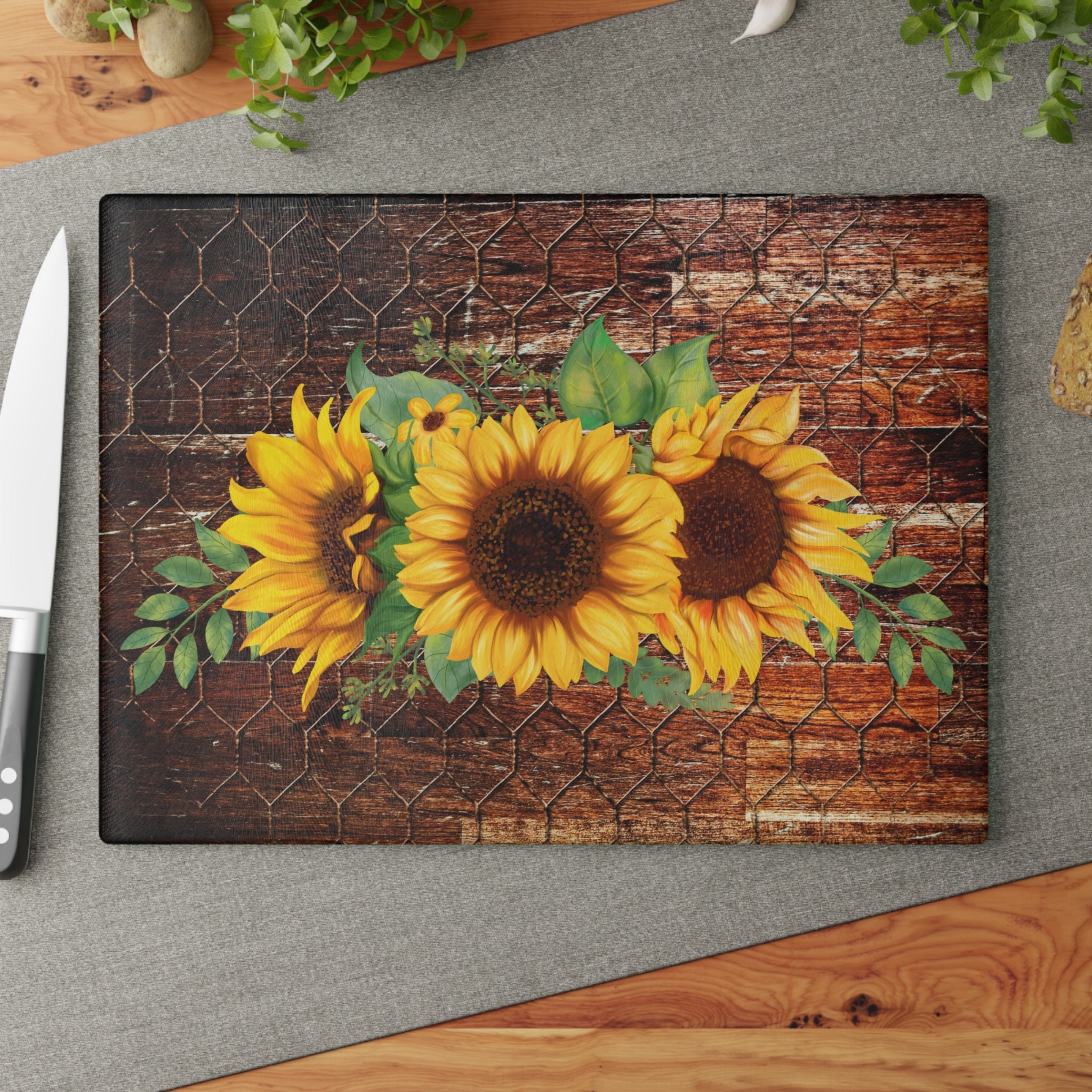Rustic Sunflower Glass Cutting Board - Etsy