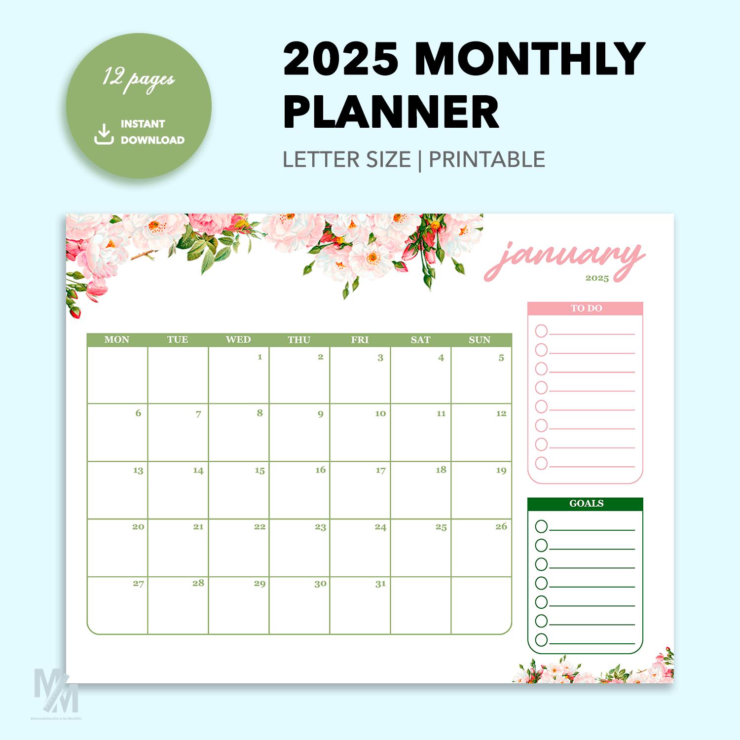 Planificador Mensual 2025, Organizador Mensual, Calendario 2025, Tamaño Carta, Formato ...