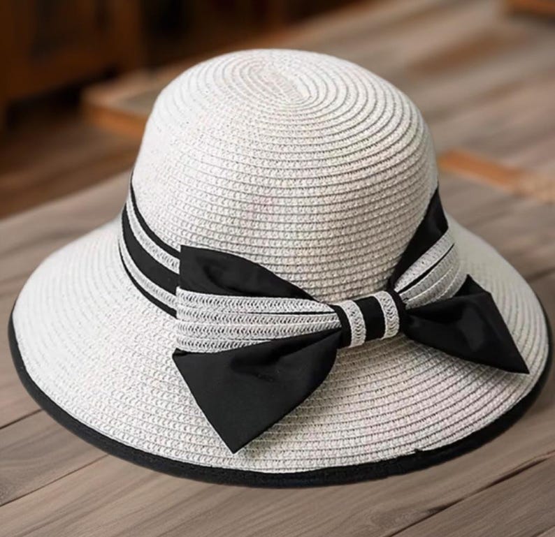 Black and White Audrey Hepburn Style Straw Lampshade Hat With Bow | Elegant Nylon Bow ...