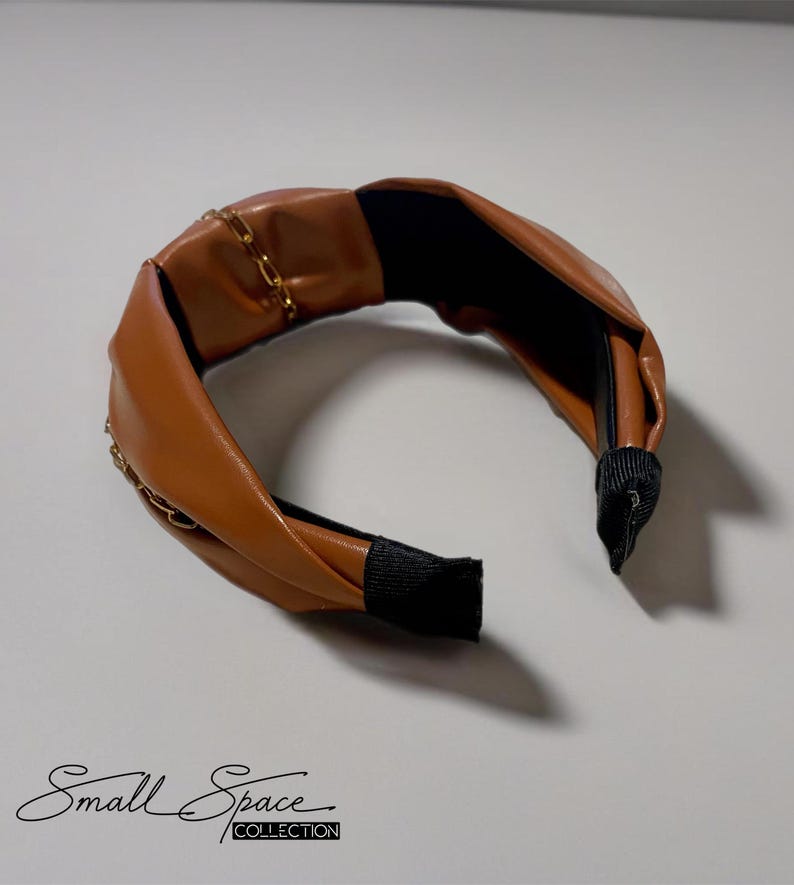 Women's Caramel Faux Leather Knot Headbands With Gold Chain Classic ...