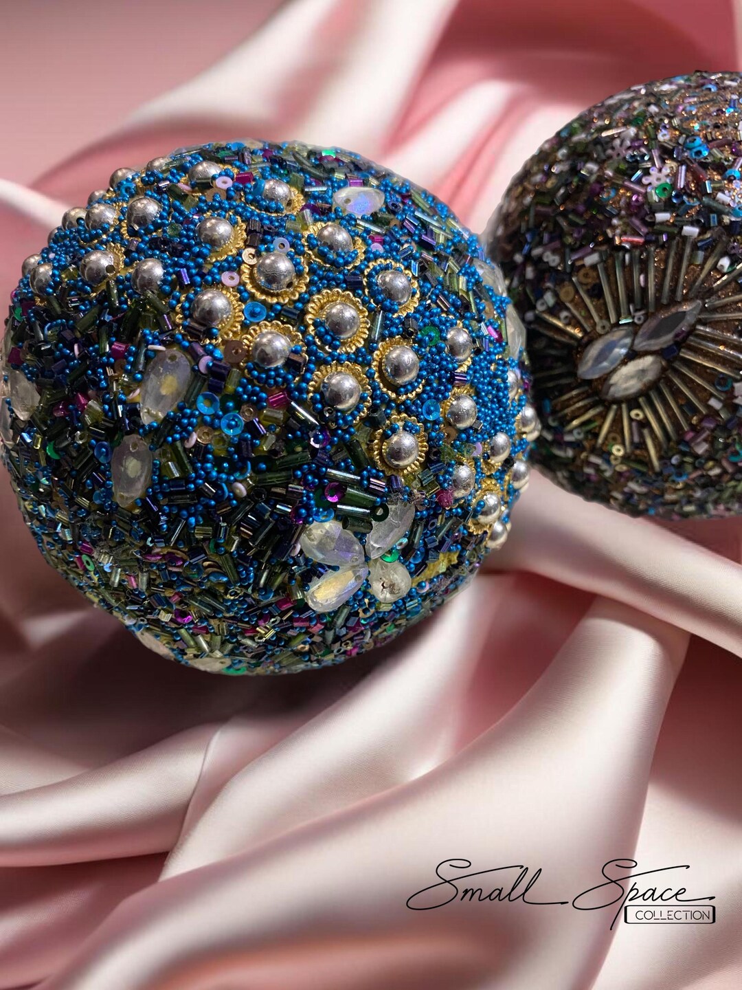 Vintage Handmade Beaded Spheres, 13 Circumference, Gold, Teal ...