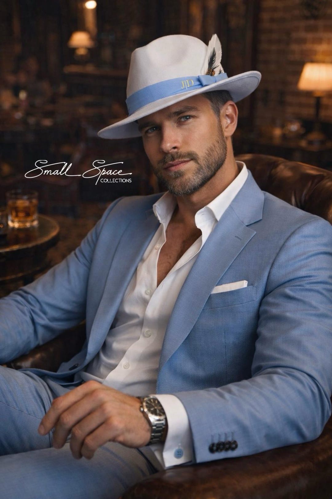 White and Ice Blue Felt Fedora Hat With Feather | Personalized | Blue ...