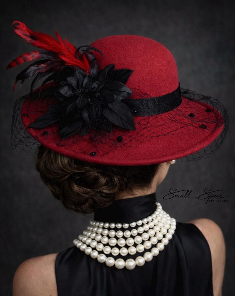Crimson Wool Felt Wide Brim Bowler Hat: Net Veil & Floral Derby| Black ...