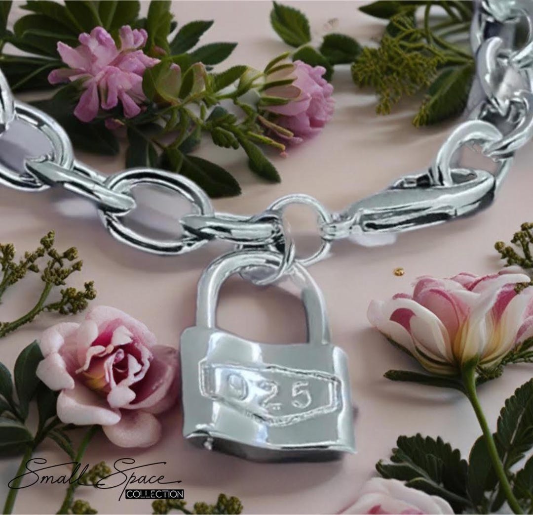 Silver Lock Charm Bracelet in Silver Engraved 925 Unisex Silver Jewelry ...