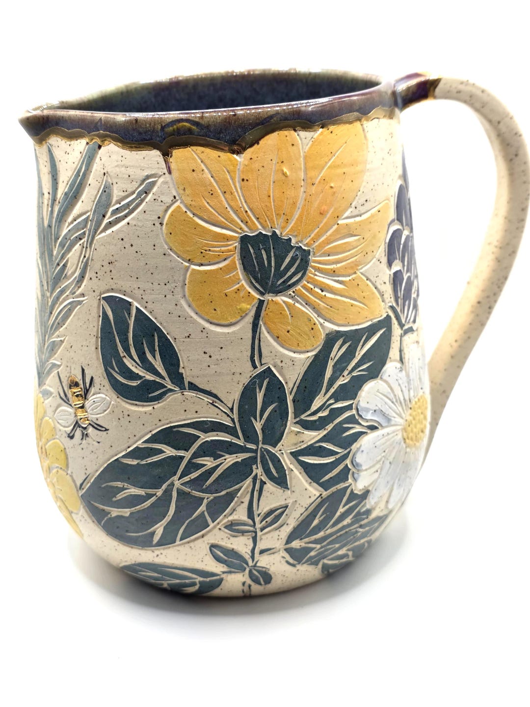 Handmade Pottery Pitcher: Bees & Floral Sgraffito, Gold Accents - Etsy