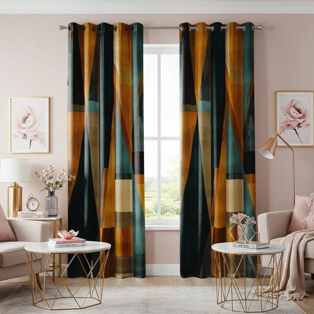 Modern Geometric Abstract Curtain Panel, Bold Teal, Mustard, and Earth ...