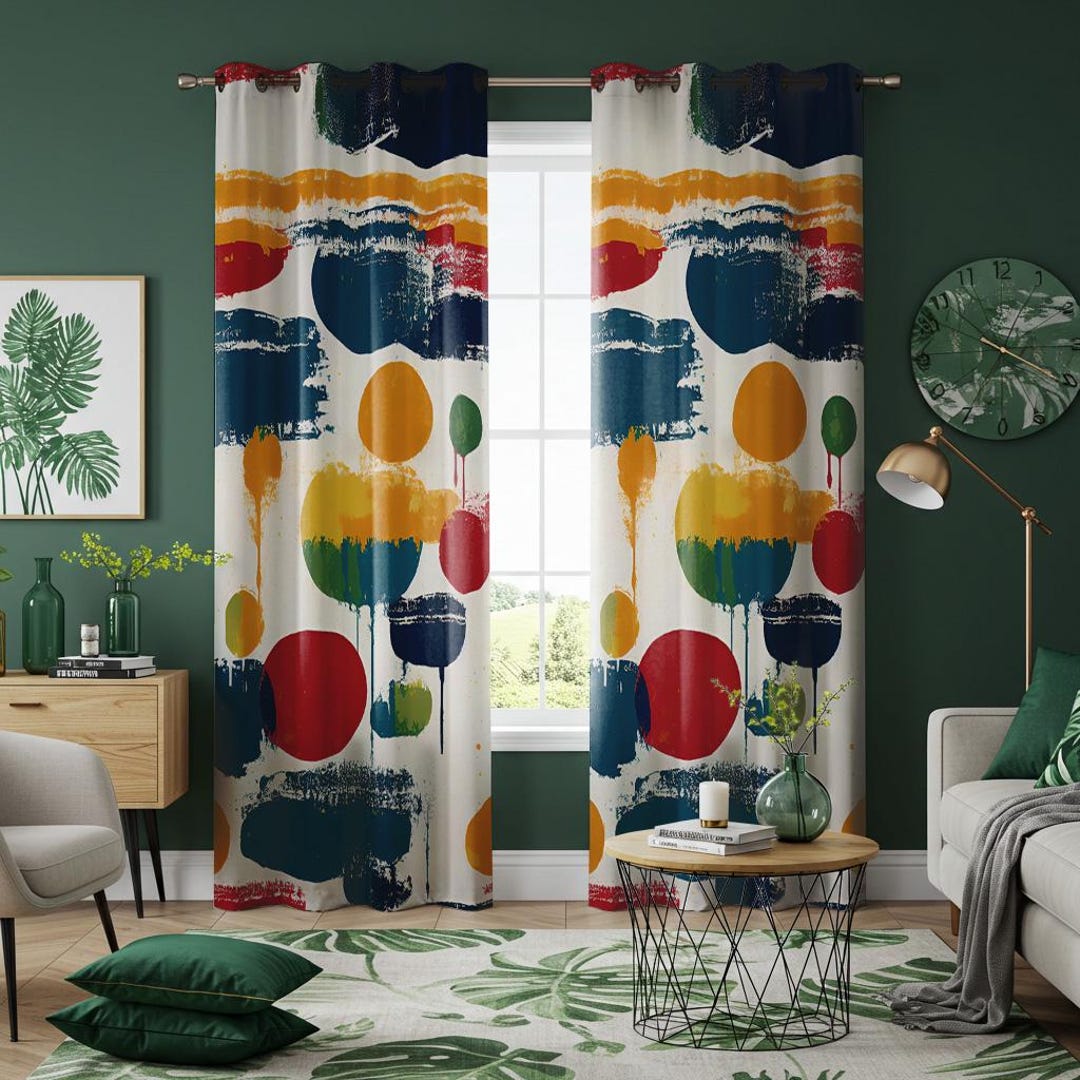 Bold Drip Paint Curtain, Abstract Contemporary Drape, Vibrant Splatters ...
