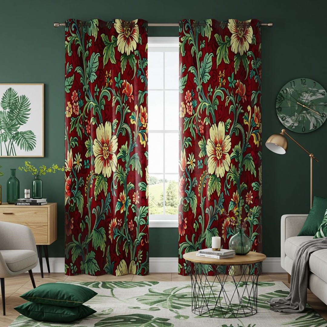 Farmhouse Red Floral Curtain Panel, Bold Botanical Print Window Drapes ...