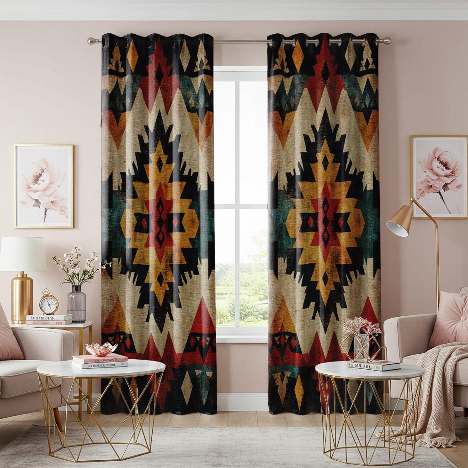 Southwestern Aztec Curtains, Tribal Geometric Window Panels, Rustic ...