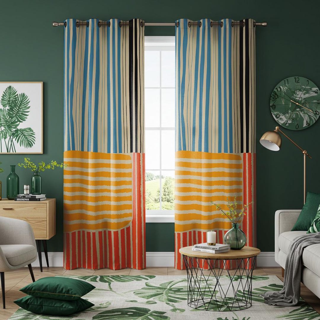 Colorblock Striped Curtains, Modern Eyelet Drapes With Blue, Yellow ...