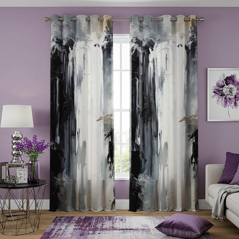 Black and White Abstract Curtain, Modern Monochrome Eyelet Drapes, Made ...