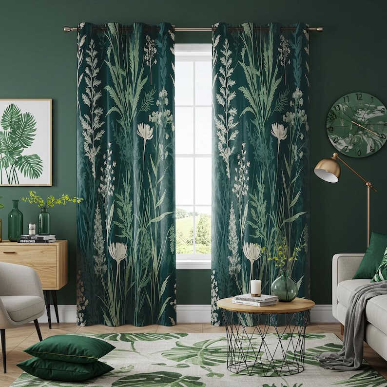 Dark Green Wildflower Curtains, Botanical Meadow Drapes, Nature Print ...