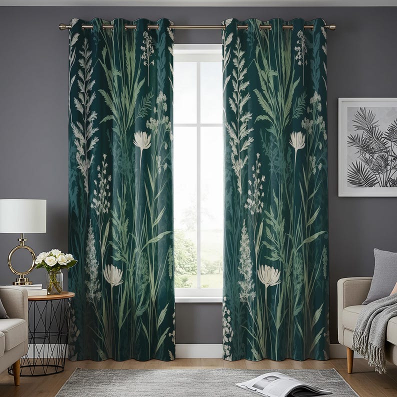 Dark Green Wildflower Curtains, Botanical Meadow Drapes, Nature Print ...