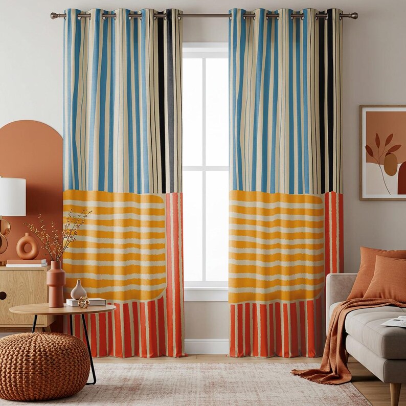 Colorblock Striped Curtains, Modern Eyelet Drapes With Blue, Yellow ...