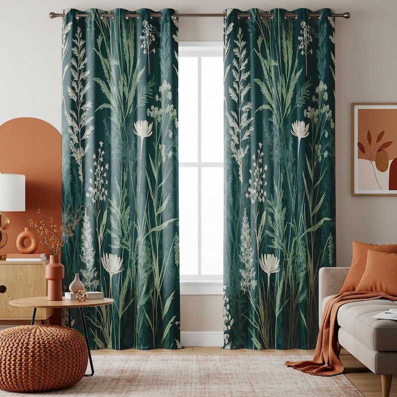 Dark Green Wildflower Curtains, Botanical Meadow Drapes, Nature Print ...