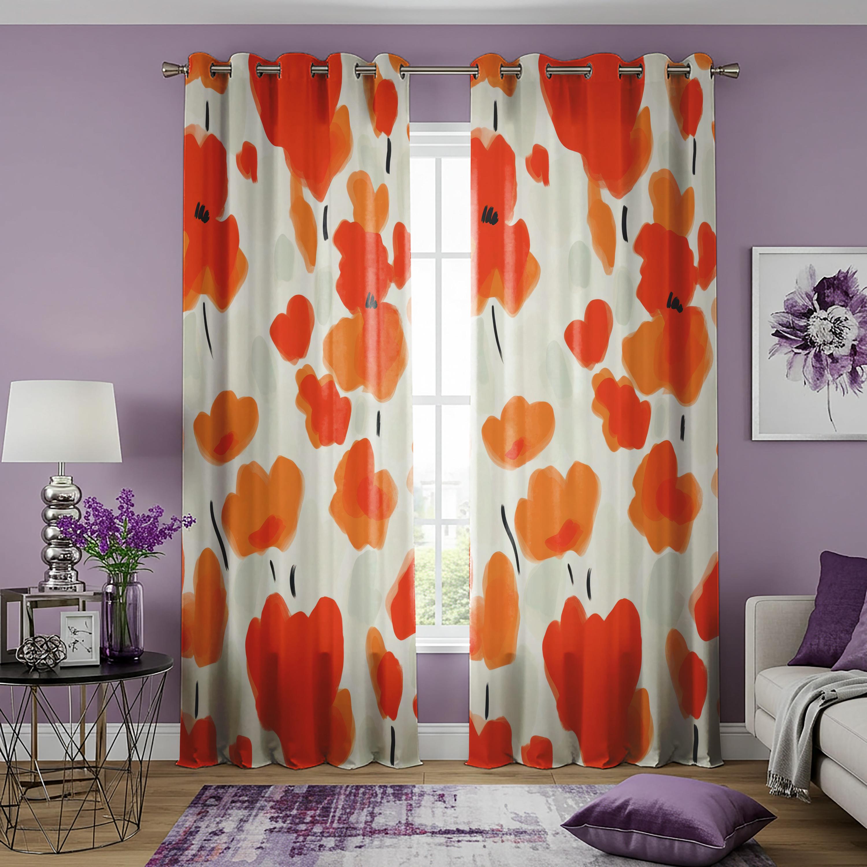 Abstract Orange Poppy Curtain Panel, Bright Watercolor Floral Drapes ...