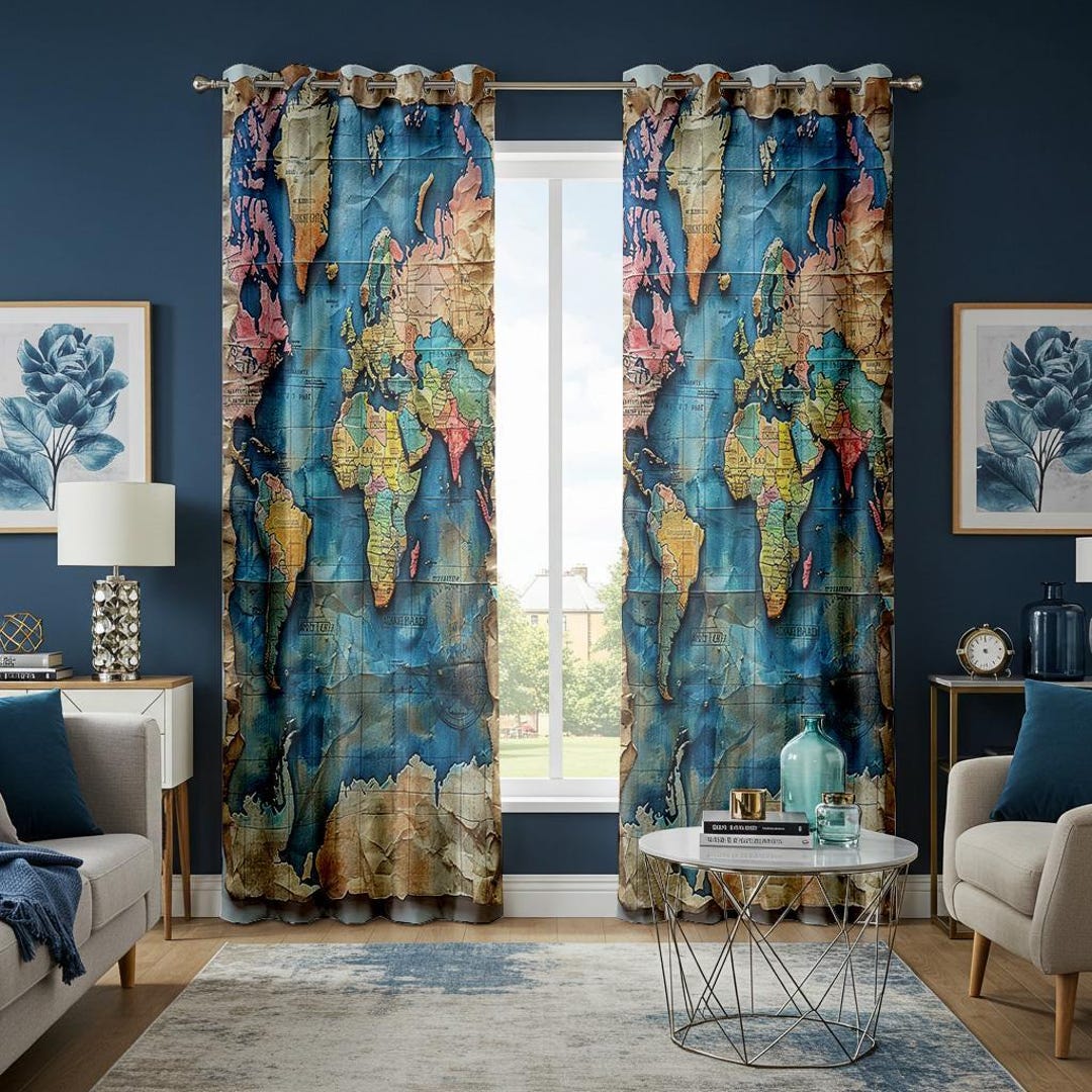 World Map Drape, Geographic Print Curtain, Travel Inspired Window ...