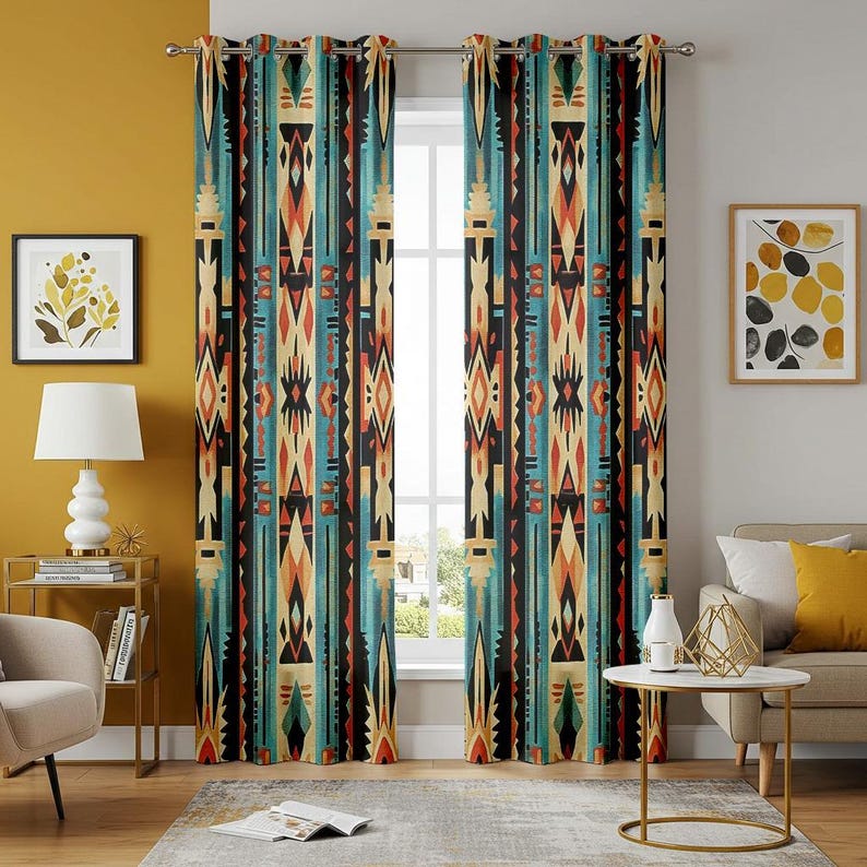 Southwestern Aztec Curtains, Bold Tribal Print Drapes, Rustic Western ...