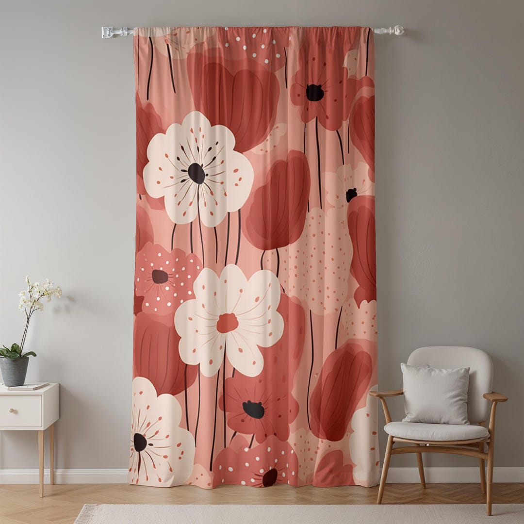 Rustic Pink Floral Curtain Panel, Abstract Red and White Poppy Drapes ...