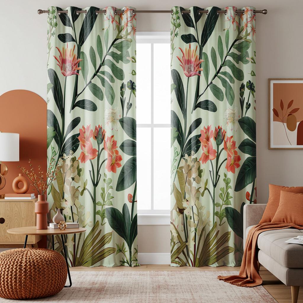 Tropical Botanical Floral Curtain, Vibrant Greenery and Flower Print ...