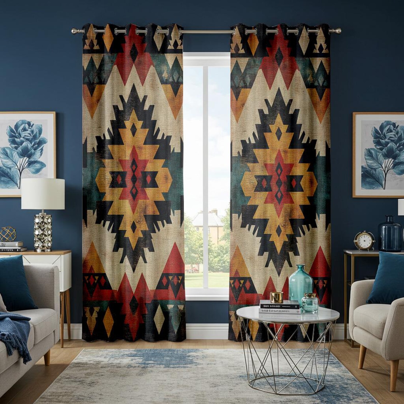 Southwestern Aztec Curtains, Tribal Geometric Window Panels, Rustic ...