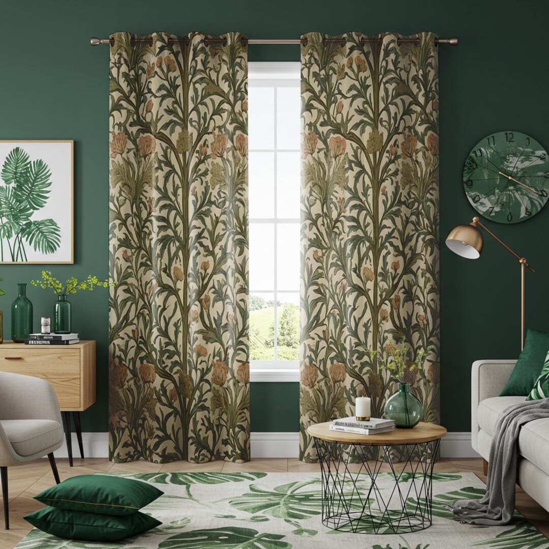 Classic Botanical Curtain Panel, Traditional Green and Beige Floral ...