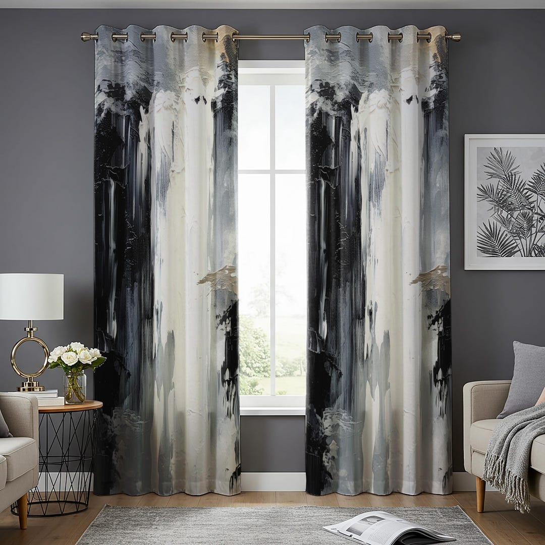 Black and White Abstract Curtain, Modern Monochrome Eyelet Drapes, Made ...
