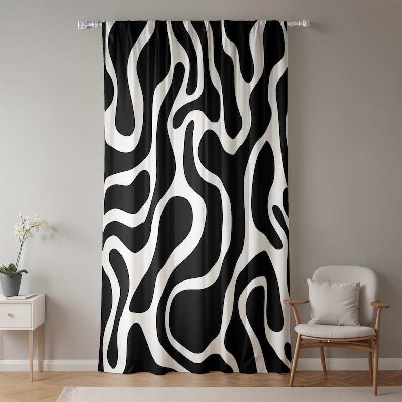 Modern Black & White Abstract Curtain, Chic Monochrome Drape Panel for ...