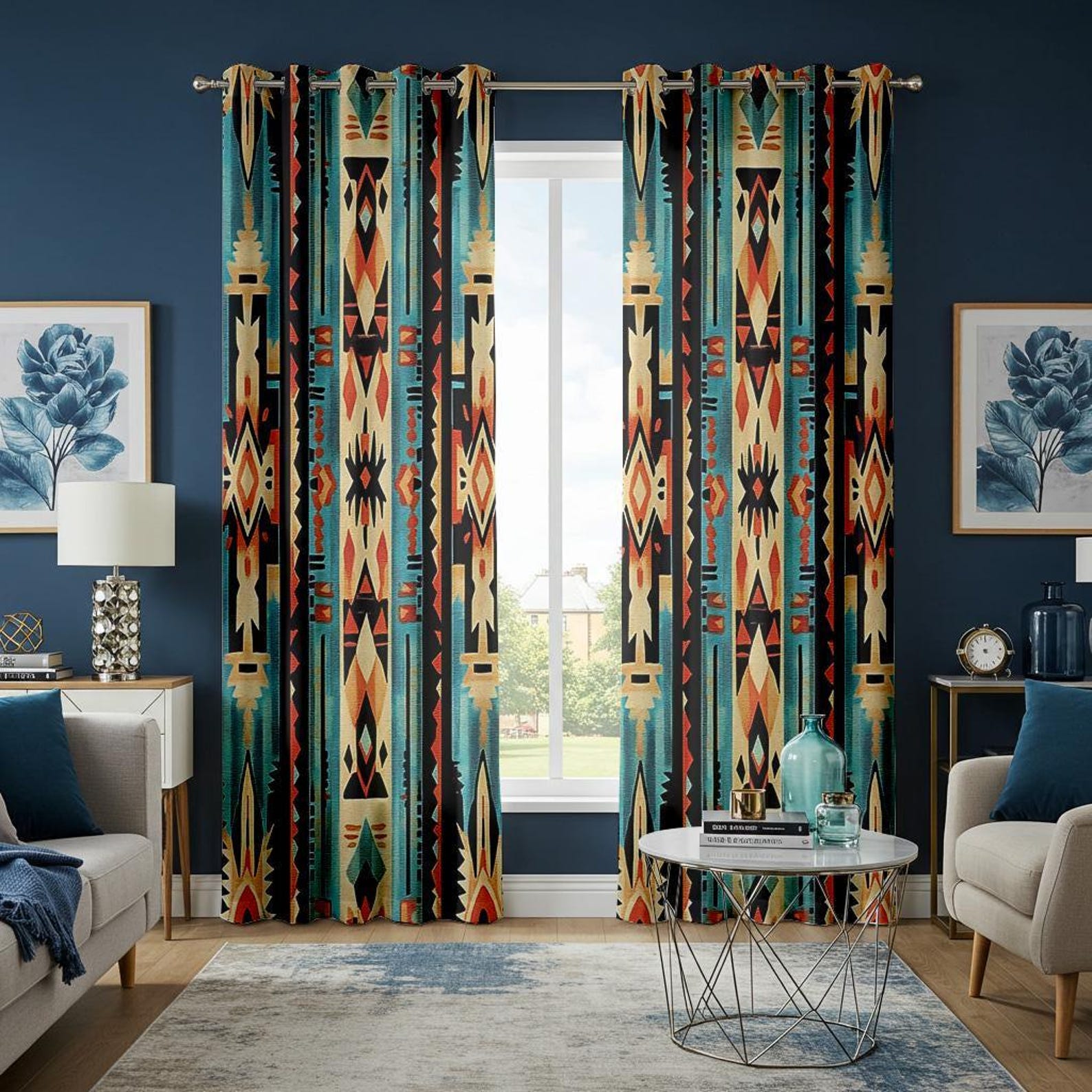 Southwestern Aztec Curtains, Bold Tribal Print Drapes, Rustic Western ...