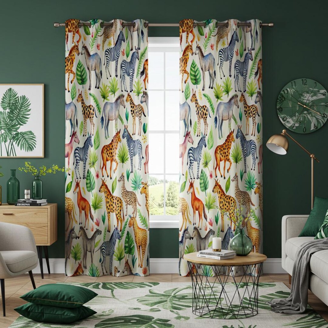Safari Animal Curtains, Jungle Zoo Print Drapes, Giraffe Zebra Elephant ...