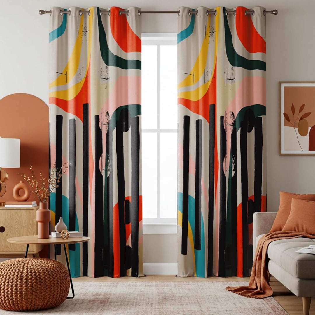 Retro Abstract Rainbow Curve Curtains, Bold Color Splash Drapes, Mid ...