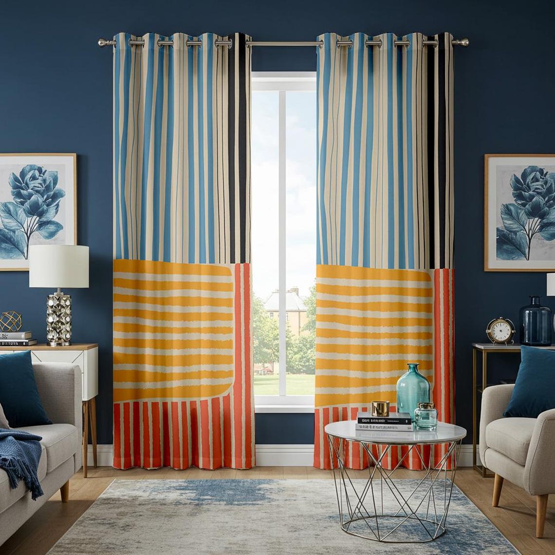 Colorblock Striped Curtains, Modern Eyelet Drapes With Blue, Yellow ...