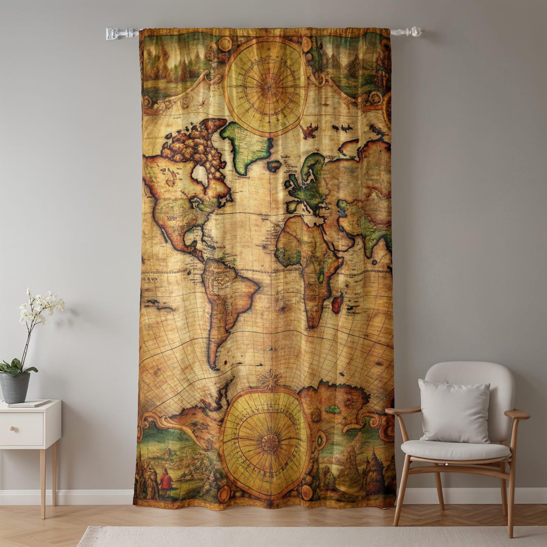 World Map Curtain, Traditional Style Global Map Drapes Design for ...