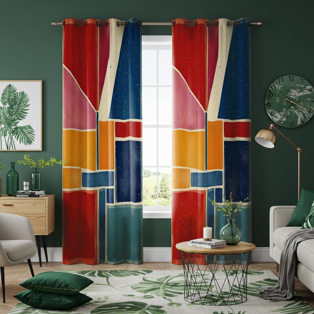 Color Block Curtains, Bold Geometric Eyelet Drapes With Red, Blue ...