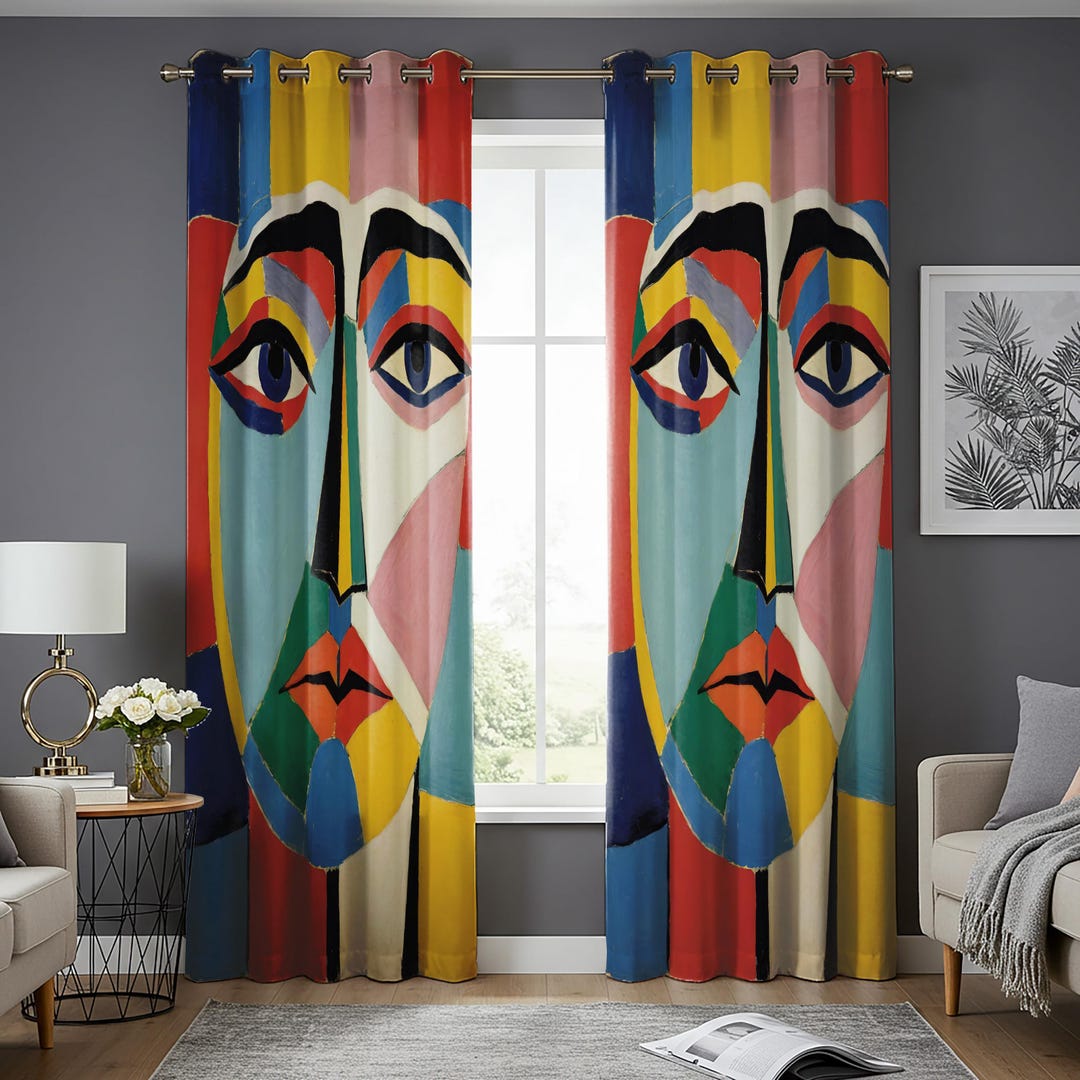 Abstract Funky Face Curtains, Bold Colorful Art Drapes, Woman Face ...