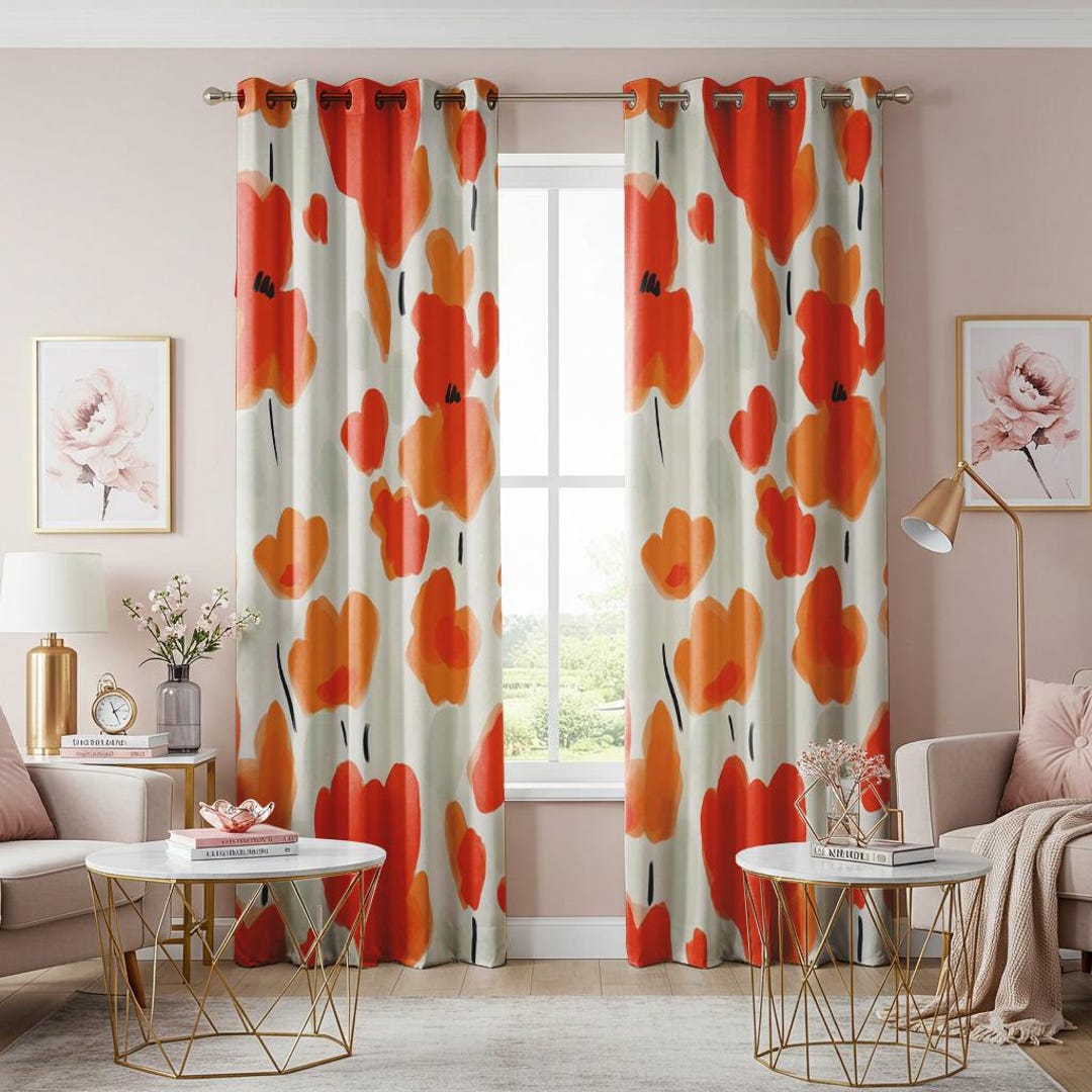Abstract Orange Poppy Curtain Panel, Bright Watercolor Floral Drapes ...