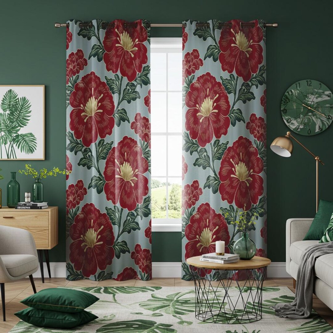 Farmhouse Red Floral Curtain Panel, Large Peony Pattern Drape With ...