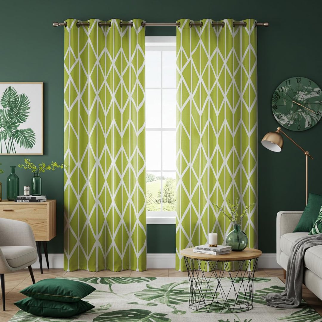 Lime Green Geometric Curtains, Bold Lattice Pattern Modern Drapes, Made ...