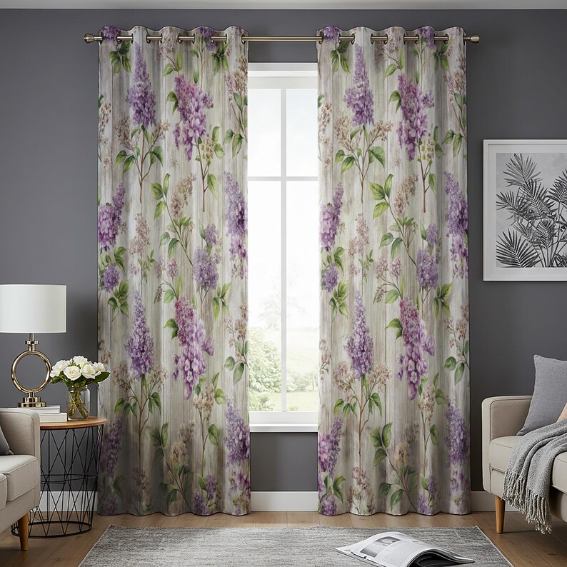 Purple Floral Curtains, Lavender Botanical Drapes, Cottagecore Window ...