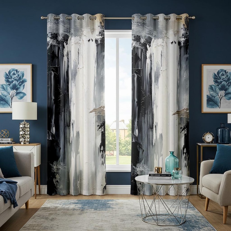 Black and White Abstract Curtain, Modern Monochrome Eyelet Drapes, Made ...