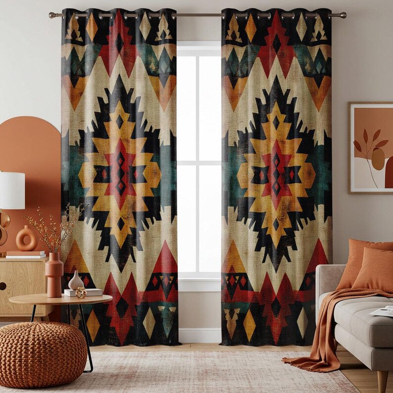 Southwestern Aztec Curtains, Tribal Geometric Window Panels, Rustic ...