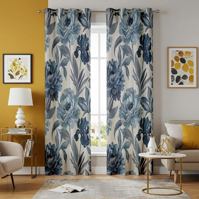 Blue Floral Curtains, Large Flower Drapes, Navy Blue Botanical Window ...