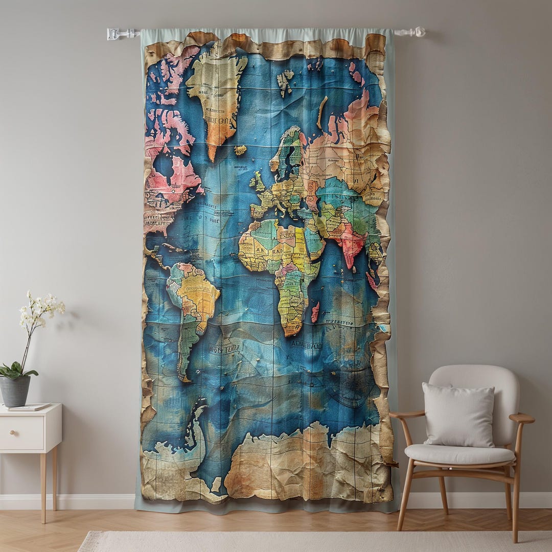 World Map Drape, Geographic Print Curtain, Travel Inspired Window ...
