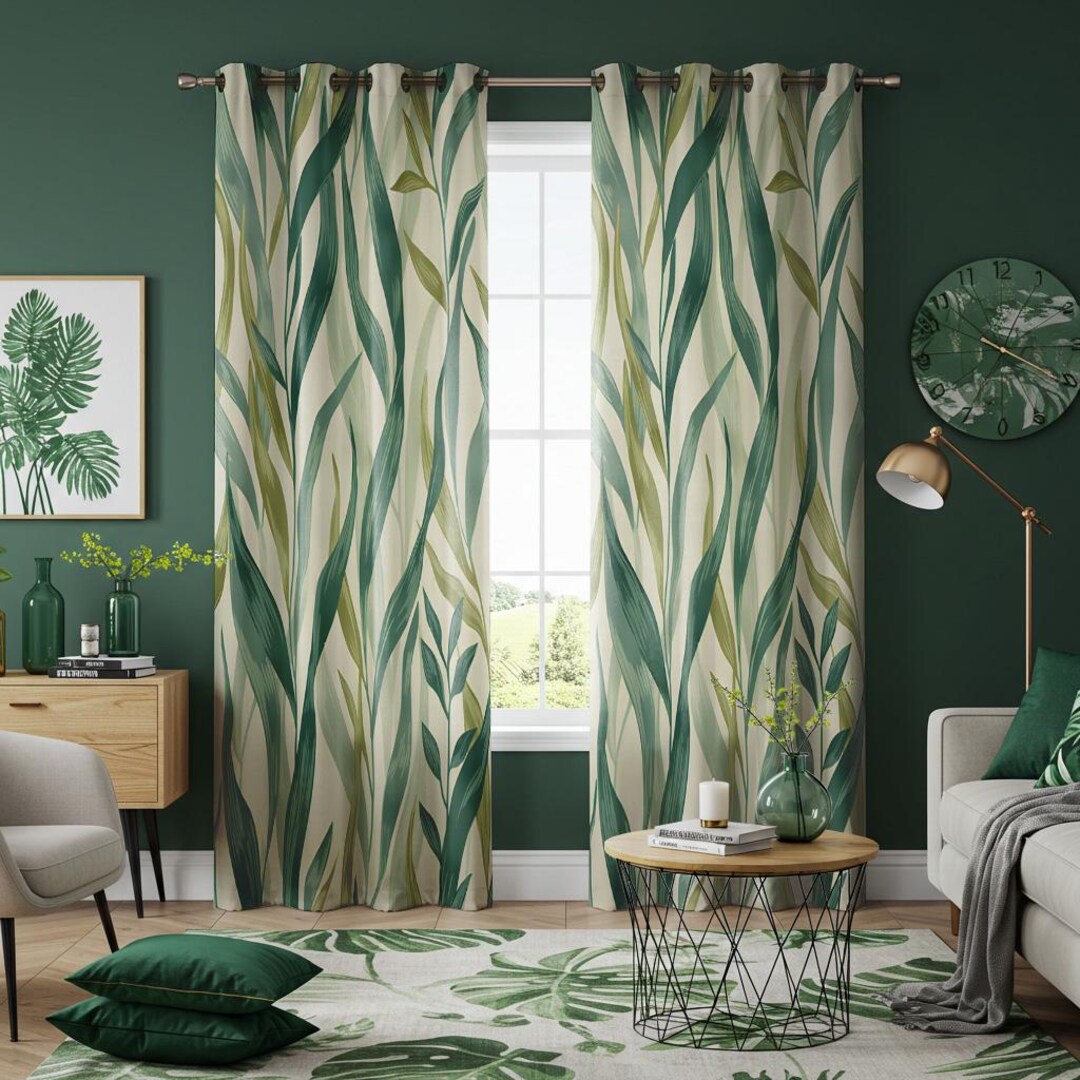 Botanical Leaf Print Curtain Panel, Floral Custom Length Drapes for ...