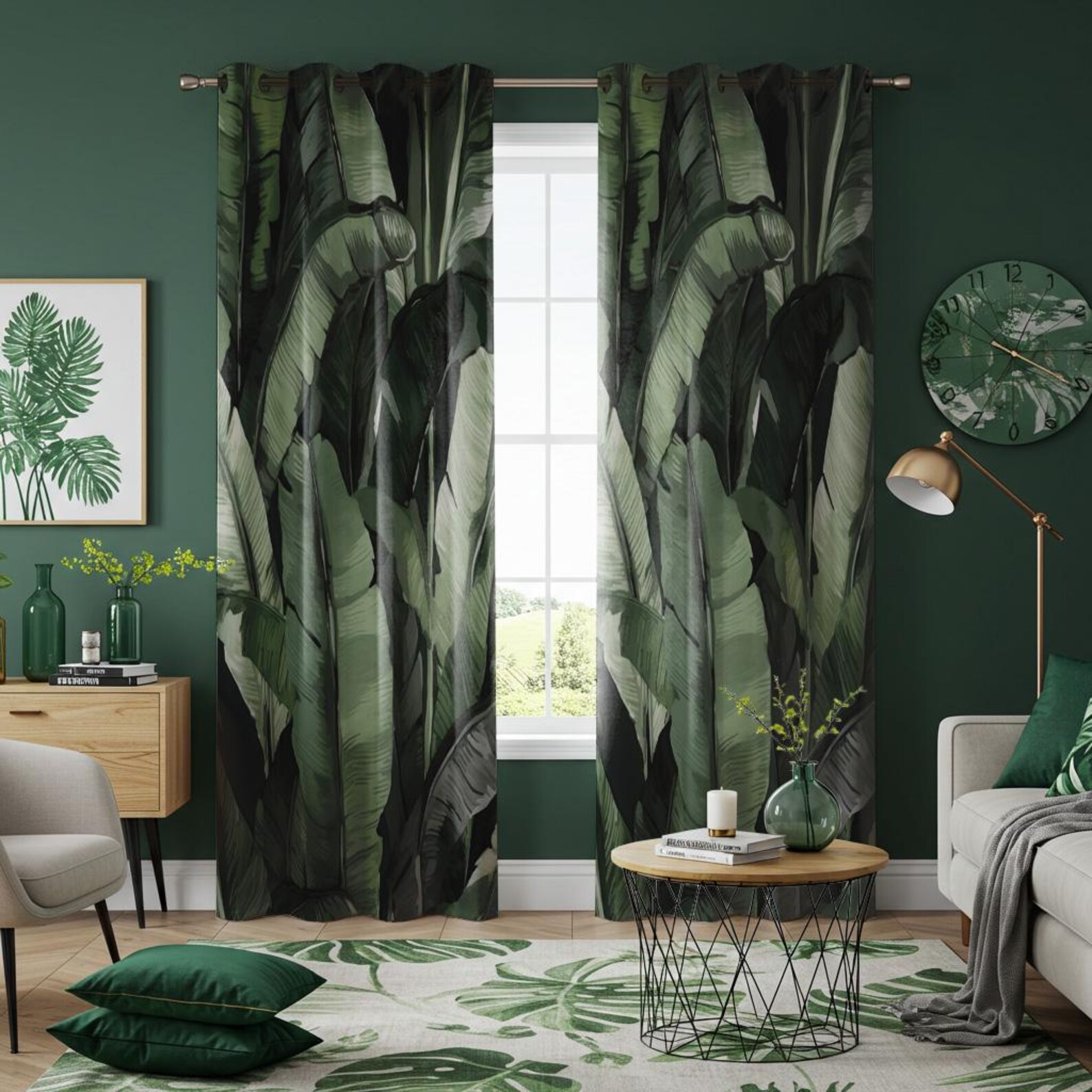 Banana Leaf Tropical Print Curtain Panel, Lush Green Custom Length ...
