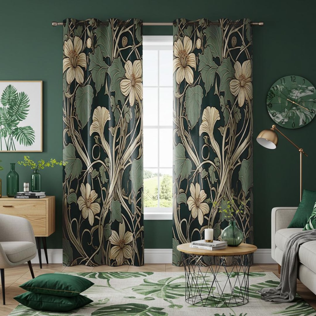 Art Nouveau Botanical Curtain Panel, Floral and Vine Design Custom ...