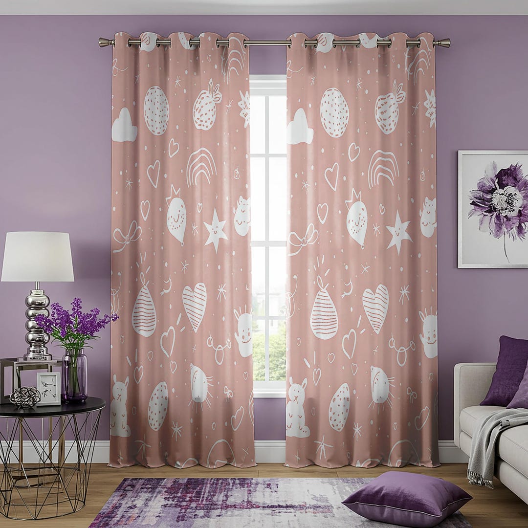 Cute Pink Doodle Curtain Panel, Whimsical Drawn Hearts, Stars, and Fun ...